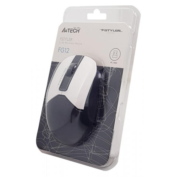 A4TECH ασύρματο ποντίκι Fstyler FG12, 1200DPI, 3 πλήκτρα, λευκό-μαύρο